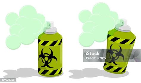 에어로졸 스프레이 병은 생물 유해 가스 구름을 방출합니다 테러리스트 공격 예방 흰색 배경에 고립 된 만화 벡터 경고 기호에 대한 스톡 벡터 아트 및 기타 이미지 Istock