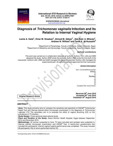 Pdf Diagnosis Of Trichomonas Vaginalis Infection And Its Relation To