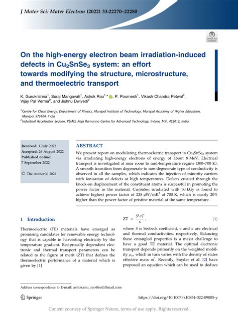 Pdf On The High Energy Electron Beam Irradiation Induced Defects In Cu2snse3 System An Effort