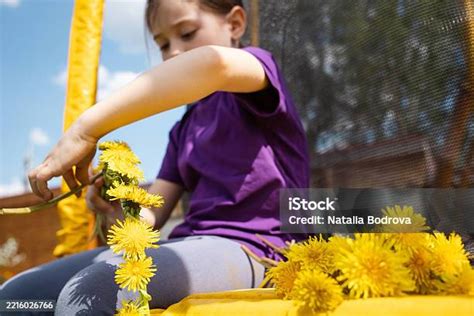 자연 속의 여름 휴가 민들레 화환을 짜는 아이 봄의 따뜻하고 화창한 날 야외 뒤뜰의 트램펄린에 앉아 있습니다 어린이 캠프 6 7 살에 대한 스톡 사진 및 기타 이미지