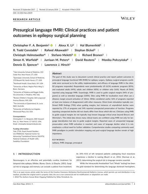 Pdf Presurgical Language Fmri Clinical Practices And Patient