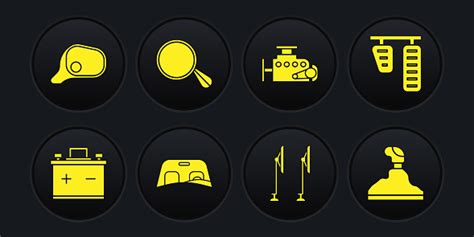 자동차 배터리 가스 및 브레이크 페달 윈드 스크린 윈드 스크린 와이퍼 엔진 거울 기어 시프터 및 아이콘을 설정합니다 벡터 거울에 대한 스톡 벡터 아트 및 기타 이미지