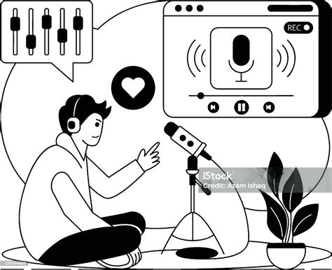 방송 실시간 벡터 디자인 팟 캐스트 삶의 조각 저널리즘 장면시트콤 웹 시리즈배너 보드캐스트 오디오 블로깅 일러스트레이션 팟 캐스터 마이크 개념 앞 바닥에 앉아있는 고름에