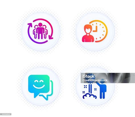 팀워크 스마일 얼굴 및 근무 시간 아이콘 세트 할인 표지판 직원 변경 채팅 프로젝트 마감일 벡터 기포에 대한 스톡 벡터 아트 및