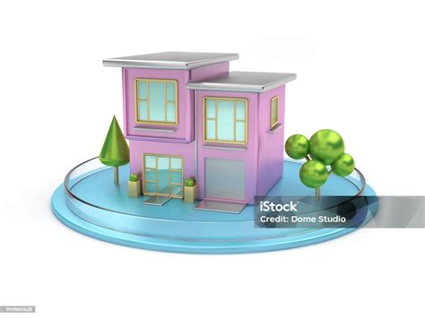 현대 집 핑크 메탈 릭 블루 땅 화이트 배경 3d 렌더링 0명에 대한 스톡 사진 및 기타 이미지 0명 3차원 형태 각도 Istock