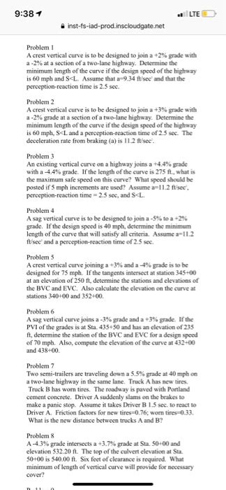 Solved 9 381 Lte Problem 1 A Crest Vertical Curve Is To Be