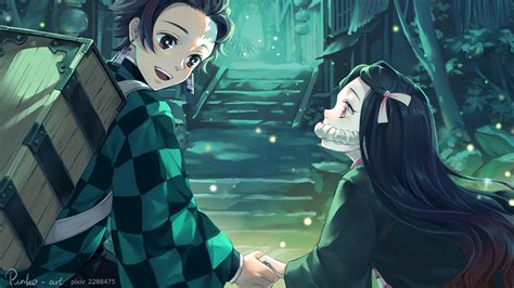 Demon Slayer Tanjirou Kamado Holding Nezuko Kamado Hand With Background Of Steps And Trees Hd