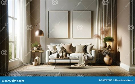 A Cozy Modern Living Room With A Neutral Palette Soft Lighting And