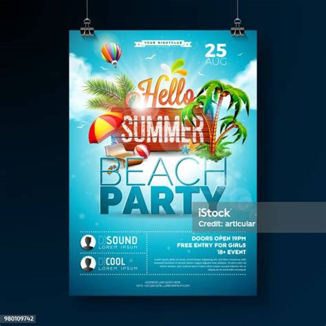 나무 질감 배경 인쇄 상의 요소 벡터 여름 해변 파티 전단지 디자인 여름 자연 꽃 요소 열 대 식물 꽃 비치 볼과 흐린 하늘색으로 양산 배너 전단지 초대장 포스터에 대 한