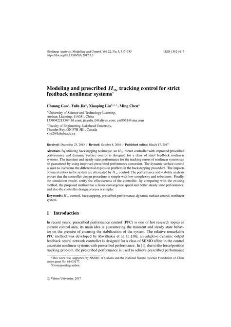 Pdf Modeling And Prescribed H Infinity Tracking Control For Strict Feedback Nonlinear Systems