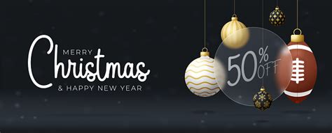 미식 축구 크리스마스 판매 배너 또는 인사말 카드 새해 복 많이 받으세요 메리 크리스마스 스포츠 배너 유리 형태 유리 형태론 또는 유리 모피즘 블러 사실적인 벡터 일러스트