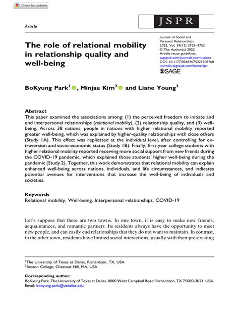The Role Of Relational Mobility In Relationship Quality And Well Being Pdf Social Support