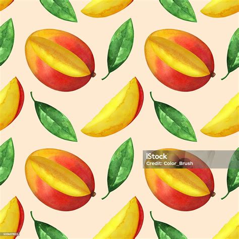워터컬러 연속무늬 과일 망고 Leafs 망고에 대한 스톡 벡터 아트 및 기타 이미지 망고 패턴 수채화 Istock