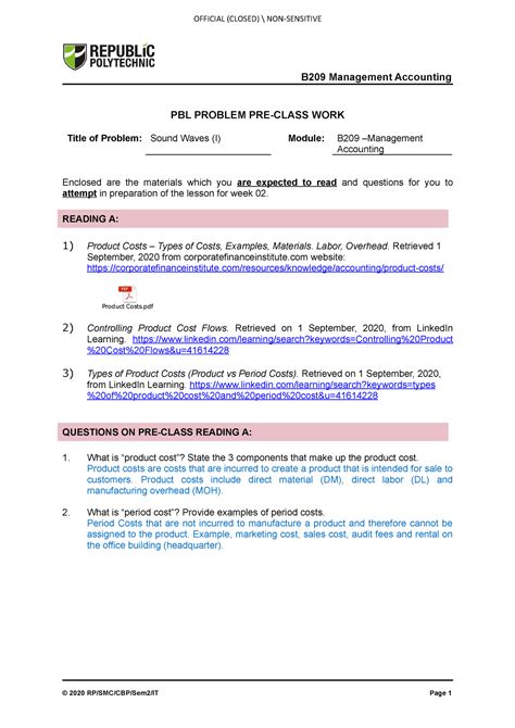 02 01 Management Accounting Lesson 2 Pre Class Work B209 Management Accounting Pbl Problem