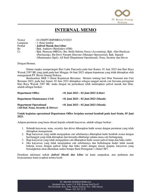 Internal Memo Pt Brosis Sinergi Perkasa Jadwal Masuk Dan Libur Hari