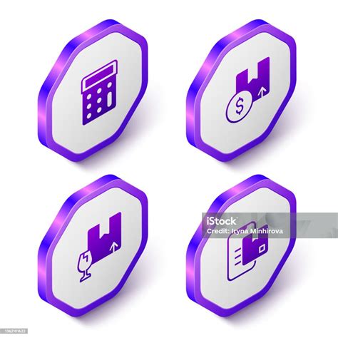 Isometric 계산기 판지 골판지 상자 깨지기 쉬운 내용 및 문서 추적 마커 아이콘패키지 설정 보라색 육각 버튼 벡터 3차원 형태에 대한 스톡 벡터 아트 및 기타 이미지