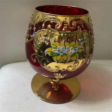 Murano Glass Ruby Red Brandy Glass Gold Overlayencrusted Floral