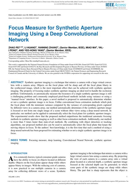 Pdf Focus Measure For Synthetic Aperture Imaging Using A Deep Convolutional Network