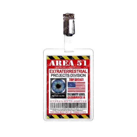 Area 51 Secret Government Base Agent Id Badge Name Tag Card Costume