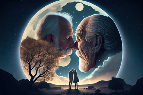 Kissing Romantic Couple On Landscape And Reflection On Circle Shape