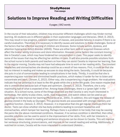 Solutions To Improve Reading And Writing Difficulties Free Essay Example