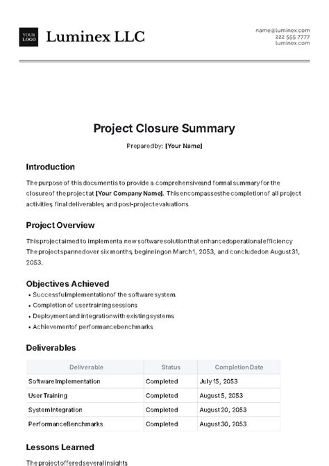 Free Project Closure Summary Template To Edit Online