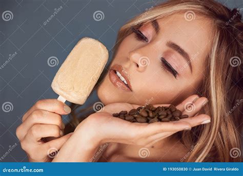 Beautiful Brunette Woman With Homemade Coffee Ice Cream And Coffee