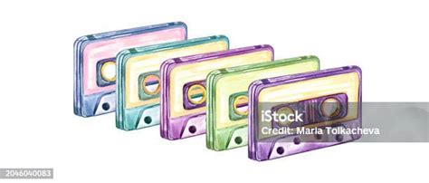 복고풍 오디오 카세트 세트 빈티지 컴팩트 카세트 음악 장치 구식 오디오 카세트 음악 사운드 재생 목록 오디오 장비 흰색에 고립된 수채화 그림입니다 1990 1999 년에