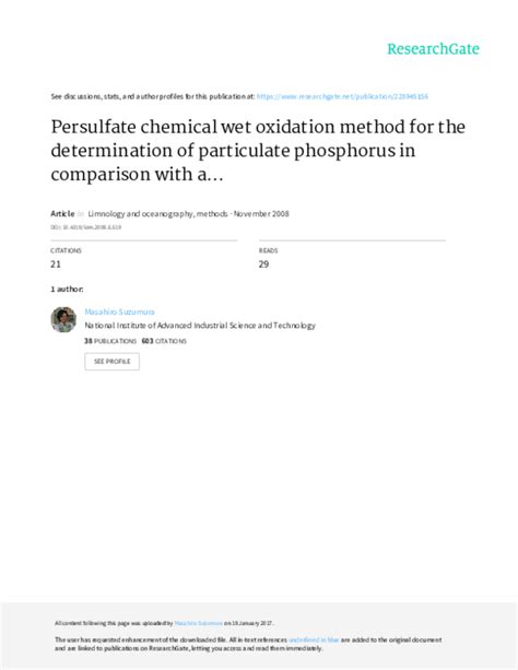 Pdf Persulfate Chemical Wet Oxidation Method For The Determination Of Particulate Phosphorus