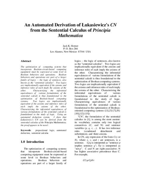 Pdf An Automated Derivation Of Łukasiewiczs Cn From The Sentential