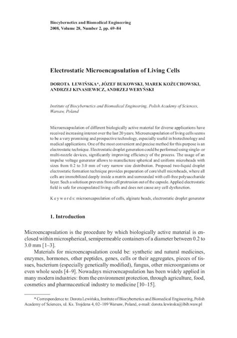 Pdf Electrostatic Microencapsulation Of Living Cells · Microencapsulation Is The Procedure By