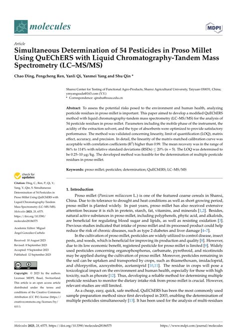 Pdf Simultaneous Determination Of 54 Pesticides In Proso Millet Using