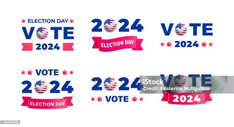 미국 선거일 표지판 세트 투표 2024 기호는 흰색 배경에 고립되어 있습니다 미국 국기 리본 별과 현실적인 벡터 3d 투표 배지 미국 2024 정치 대통령 선거 캠페인 3d