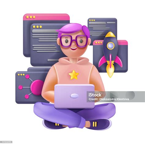 3d 프로그래머 남성 캐릭터 파이썬 코드 기호 벡터 만화 젊은 자인 프리랜서 노트북 3차원 형태에 대한 스톡 벡터 아트 및 기타