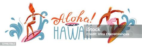 하와이 알로하 보드에서 서핑하는 남녀 텍스트 초대로 설정된 열대 여름 활동 요소 하와이 해변 빈티지 여행 포스터 벡터 일러스트레이션 여자와 남자 에 물 고풍스런에 대한 스톡