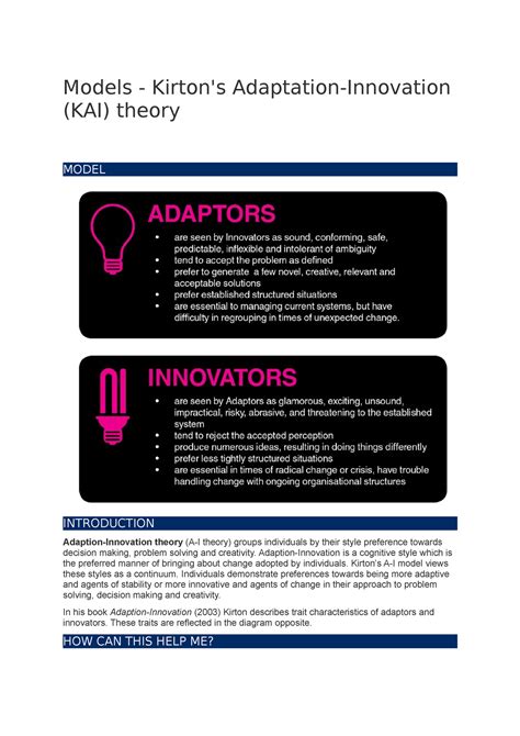 701 Key Resource Model Kirtons Adaptation Innovation Kai Theory