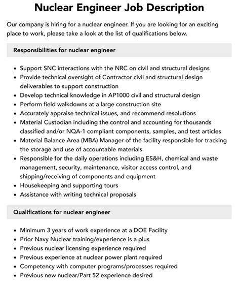 Nuclear Engineer Job Description Velvet Jobs