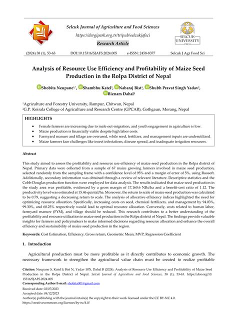 Pdf Analysis Of Resource Use Efficiency And Profitability Of Maize