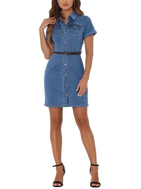 Inspire Chic Womens Denim Shirt Dress Collar Short Sleeve Belted