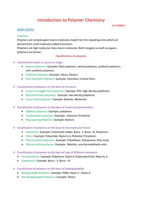 Introduction To Polymer Chemistry Study Notes Chemistry Docsity
