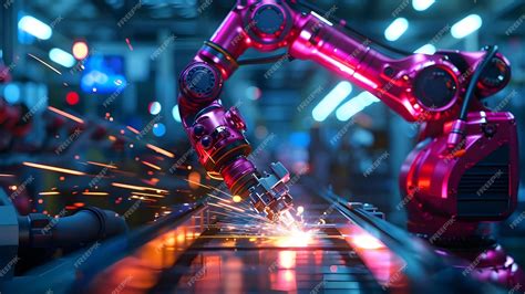 機械人手臂組裝機在工廠工作坊在自動化生產過程中發光概念工廠工作室機器人手臂组裝發光自動化生產製造過程 Premium Ai