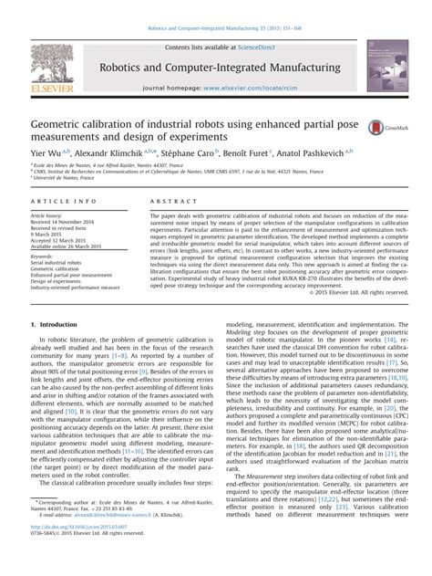 Pdf Geometric Calibration Of Industrial Robots Using Enhanced Partial Pose Measurements And
