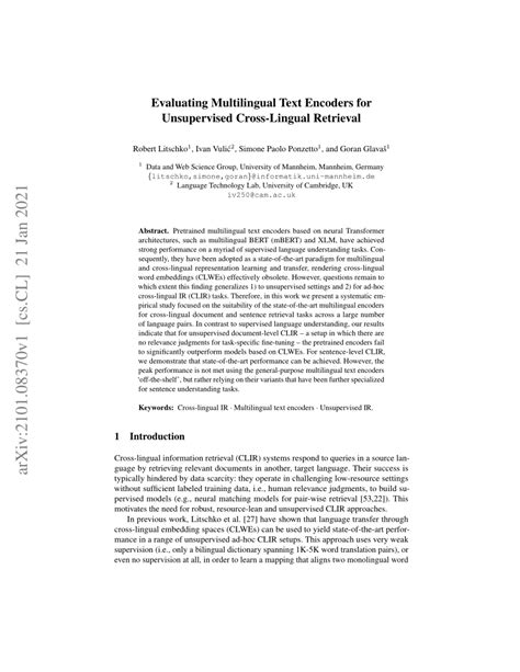 Pdf Evaluating Multilingual Text Encoders For Unsupervised Cross