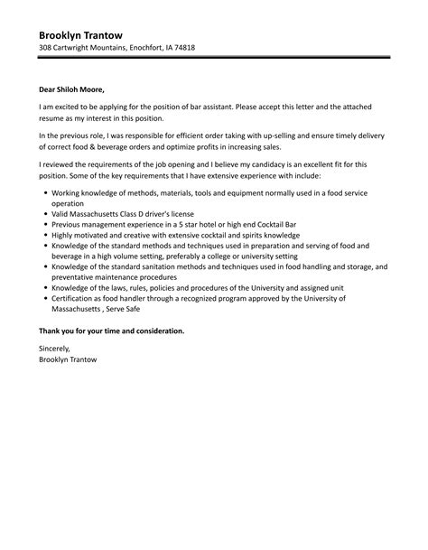 Bar Assistant Cover Letter Velvet Jobs
