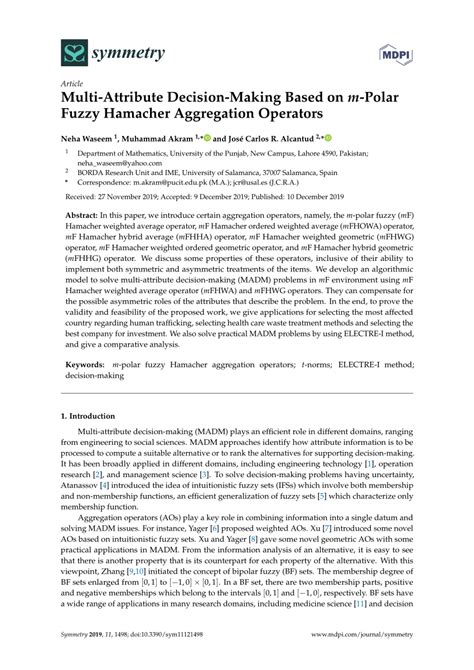 Pdf Multi Attribute Decision Making Based On M Polar Fuzzy Hamacher Aggregation Operators