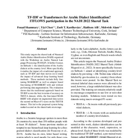 Tf Idf Or Transformers For Arabic Dialect Identification Itflows Participation In The Nadi 2022
