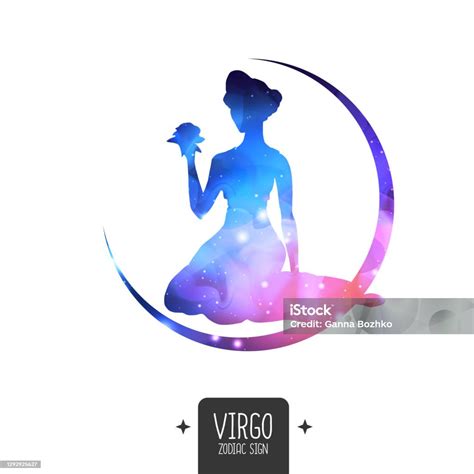 점성술 처녀자리 조디악 기호현대 마법 마술 카드 내부의 우주가 있는 처녀자리 실루엣 달 하늘에 대한 스톡 벡터 아트 및 기타