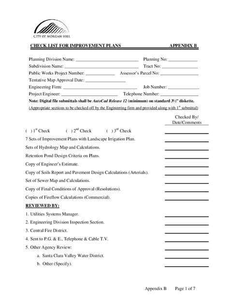 Fillable Online Appendix B Page 1 Of 7 CHECK LIST FOR IMPROVEMENT PLANS