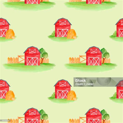 헛간 대문 녹지가 있는 농장 장면 완벽한 패턴으로 시골의 매력을 보여주는 수채화 그림입니다 장식 공예품 목가적인 아름다움을 불러일으키는 소박한 테마 디자인에 이상적입니다