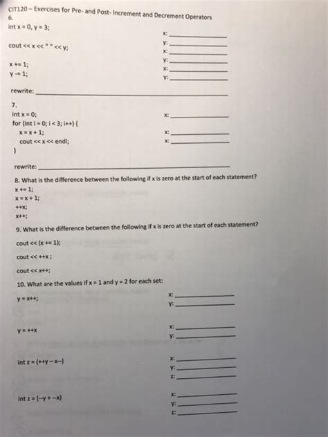 solved exercises for pre and post increment and decrement